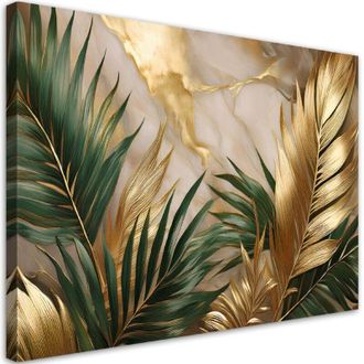Feeby Tableau d&eacute;co Feuilles de palmier sur fond de marbre dor&eacute; 90x60
