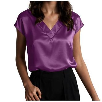 Generic Chemisier en satin &eacute;l&eacute;gant pour femme - Col en V - Manches courtes - Tunique d&eacute;t&eacute; - &Eacute;l&eacute;gant et ample - Manches courtes - D&eacute;contract&eacute; - Soyeux - Satin,