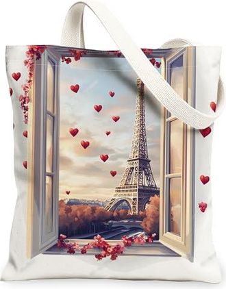 Generic Sacs fourre-tout romantiques en toile avec motif de coeur vintage, motif parisien, sacs d&eacute;picerie r&eacute;utilisables, l&eacute;gers et lavables pour voyage, shopp