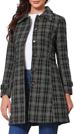 Allegra K Manteau DHiver Femme &agrave; Carreaux Caban &agrave; Simple Boutonnage Trench-Coat Mi-Longue &agrave; Col Rabattu Costume de No&euml;l Noir L