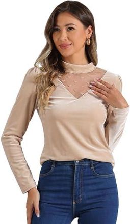 Allegra K Haut en Velours à Manches Longues avec empiècement en Maille à Pois Suisse et col en V pour Femmes Abricot S