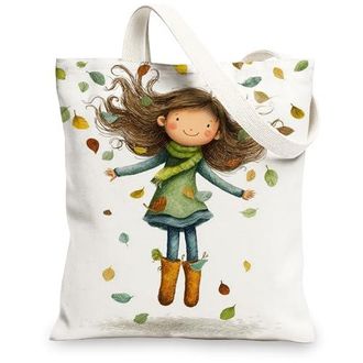 Generic Sacs fourre-tout fantaisistes en toile, motif de feuilles mignonnes, sacs d&eacute;picerie r&eacute;utilisables, l&eacute;gers et lavables avec bandouli&egrave;re, blanc, 13x15 I