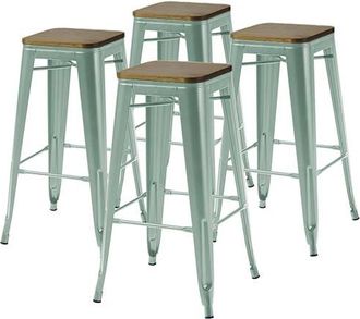 Oviala Lot de 4 tabourets de Bar en m&eacute;tal Mat Vert Gris et Bois