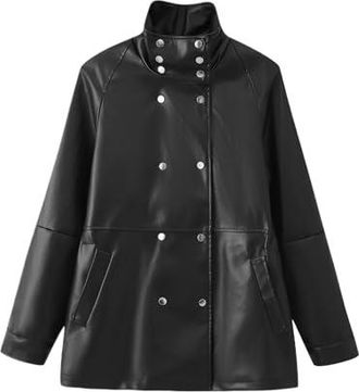 Generic Manteau Vintage en Faux Cuir &agrave; Double Boutonnage for Femme avec Col Montant(Black,M)
