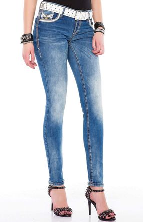Cipo & Baxx Damen Jeans WD343 Blau - Slim Fit Straight Jeans - Mit Stickereien auf Ges&auml;&szlig;taschen, Raffinierter Look & angenehmes Gef&uuml;hl - WD343 Blau W32-L32