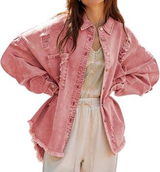 Generic Veste en jean d&eacute;chir&eacute;e pour femme avec trous us&eacute;s et ourlet brut &agrave; manches longues, rose rouge, XL
