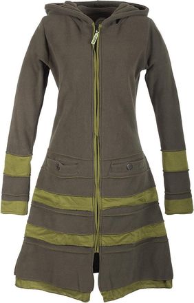 vishes Alternative Bekleidung - Langer Damen Patchwork Eco Recycling Fleecemantel mit Kapuze Olive 46