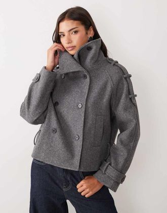 Gina Tricot Gina Tricot veste courte &agrave; col montant en laine grise