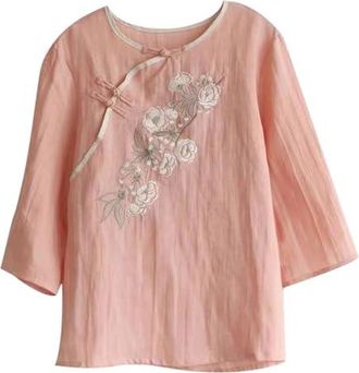 Generic Chemise en lin &agrave; manches 3/4 pour femme - Coton et lin - Motif floral brod&eacute; - Tunique d&eacute;t&eacute; d&eacute;contract&eacute;e pour la plage et les vacances, rose, 4XL