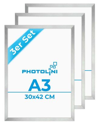 Photolini Bilderrahmen A3 Holz MDF Silber, 3er Set A3 Bilderrahmen 30x42 Holz MDF, DIN A 3 Rahmen mit Acrylglas, Picture Frame 42x30 zum Aufh&auml;ngen, Rahmen 42 x 