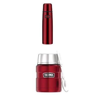 Thermos LIGHT&COMPACT BEVERAGE BOTTLE 1l, cranberry red, Thermosflasche, 24 h heiß/kalt + THERMOS STAINLESS KING FOOD JAR 0,47l, cranberry red, Thermosbehälte