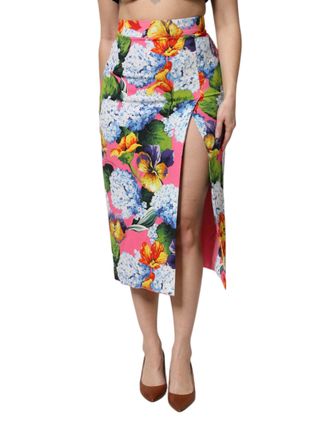 Dolce & Gabbana Womens Multicolor Floral High Waist Midi Skirt Viscose Elastane