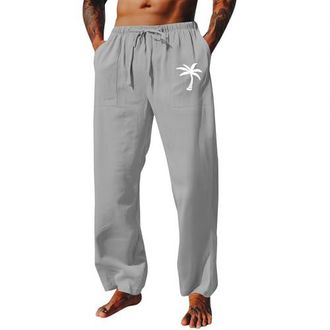 Generic Pantalon de plage en lin pour homme - Imprim&eacute; cocotier - Coupe ample - Pantalon hawa&iuml;en - Jambe droite - Pantalon de vacances - Taille &eacute;lastique - Pan