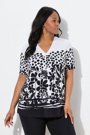 Ulla Popken T-Shirt Slinkyshirt Bl&uuml;ten V-Ausschnitt Zierfalte Halbarm