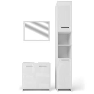 Vicco Badmöbel-Set Weiß Hochglanz/Weiß Kiko, bestehend aus Bad Spiegelschrank, Waschbeckenunterschrank, Hochschrank - Platz für Pflege- und Badutensilien