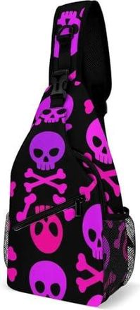 Generic Sacoche Tactique Cr&acirc;ne &agrave; os crois&eacute;s violets et roses Casual Sac De Poitrine Mode Sling Sac &agrave; Dos pour Femme Cyclisme Voyage