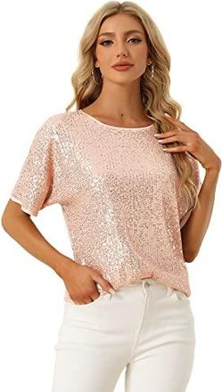 Allegra K Blouses à Paillettes Femmes Métalliques Col Rond Manches Courtes Haut Brillant de Soirée T-Shirts Scintillants Rose XL