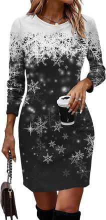 Onsoyours Weihnachtskleid Damen Weihnachtsdruck Pulloverkleid Langarm Rundhals Weihnachten Minikleid Schneeflocken Muster Partykleid Elegant Wickelkleid Slim Fi