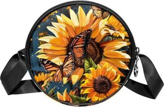 Generic Petit sac &agrave; bandouli&egrave;re rond pour femme, motif tournesol et papillons avec fermeture &eacute;clair et bretelles r&eacute;glables