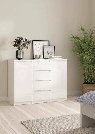 Dmora Sideboard mit T&uuml;ren und Schubladen, wei&szlig; gl&auml;nzend, 120 x 90 x 50 cm