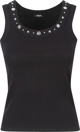 Versace Femme, Tops, Noir, Taille: 38 FR Top en jersey de coton c&ocirc;tel&eacute; et orn&eacute;