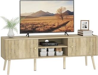 HOMCOM Meuble TV 140 cm, Meuble t&eacute;l&eacute; pour t&eacute;l&eacute;viseur jusqu&agrave; 65 Pouces avec 2 Portes, 2 Compartiments Ouverts, &eacute;tag&egrave;re r&eacute;glable et Pieds en pin, Banc TV pour 