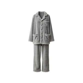 Generic YUJIEBB Ensemble de pyjama &eacute;pais en polaire corail pour femme avec col en V et bordure en dentelle pour la maison, v&ecirc;tements de maison, costume d&eacute;cont