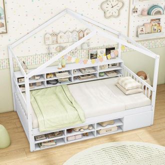 Costway Lit Cabane Enfant 90x200 cm, Lit denfants en Bois avec 14 Cubes de Rangement et Armoire avec Porte, Sommier &agrave; Lattes et Protection Contre Les Chutes