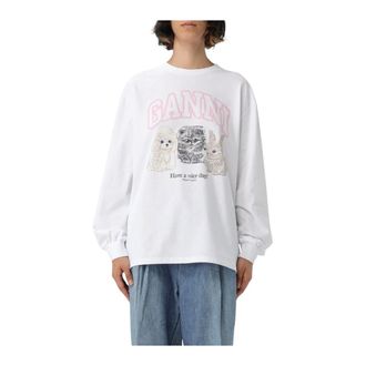 Ganni Femme, Tops, Blanc, Taille: 42 FR T-Shirt &agrave; Manches Longues et Col Rond