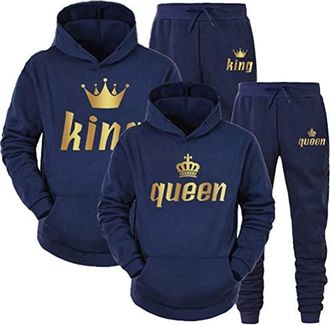 Minetom King Queen Imprimé Survêtement Couple Ensemble de Sport Jogging Femme Homme Sweat à Capuche et Pantalon 2 Pièces Set Bleu Queen XXL