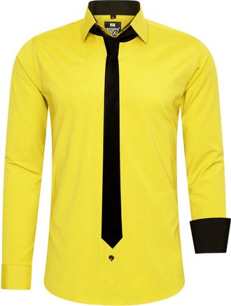 Rusty Neal Herren-Hemd Premium Slim Fit Langarm Stretch Kontrast Hemd mit Krawatte Business-Hemden Outfit Freizeithemd Set 44_99, Gr&ouml;&szlig;e:6XL, Farbe:Gelb