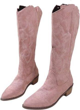Generic Bottes de cowboy pour femme - Marron - Bottes mi-mollet - Cowgirl mi-mollet - Noir - Marron foncé - Gris - Brodé Wetsern - Bout à enfiler - Confortabl