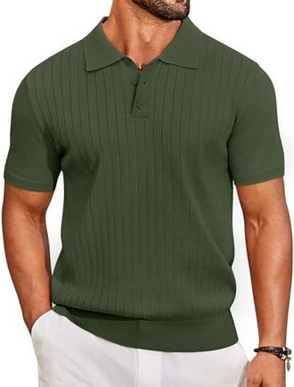 Coofandy Polo Homme &Eacute;t&eacute; Tricot&eacute; Manches Courtes T-Shirt Golf Stretch Slim Fit D&eacute;contract&eacute; Vert Olive XXL