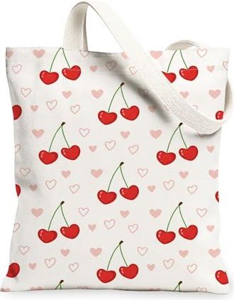 Generic Sacs fourre-tout en toile motif cerises et coeurs, adorables motifs de fruits, sacs d&eacute;picerie r&eacute;utilisables, l&eacute;gers et lavables, blanc, 13x15 Inch