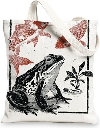 Generic Sacs fourre-tout vintage en toile artistique, motif amphibiens et poissons, sacs dépicerie réutilisables, légers et lavables avec bandoulière, blanc, 