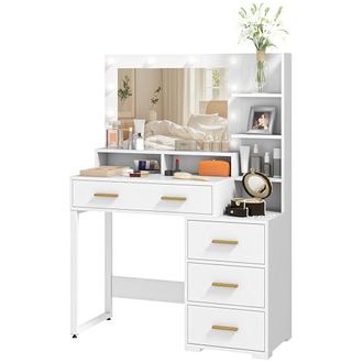 HOMCOM Coiffeuse avec Miroir et 9 lumi&egrave;res LED, Table de Maquillage Style Moderne - 4 tiroirs et 6 Compartiments Ouverts, Coiffeuse pour Chambre &agrave; Coucher, S