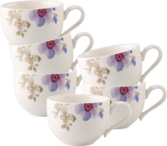 Villeroy & Boch Mariefleur Gris Basic Mokka-/Espressotassen 6er Set, 80 ml, Kleine Tassen mit Blumen-Dekor, Premium Porzellan, Weiß/Bunt