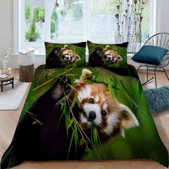 Generic Roter Panda Bettw&auml;sche 140x200 Bambusbl&auml;tter Bettw&auml;sche Set, 3D Bettbezug Set Weich Microfaser Bettbez&uuml;ge 3 Teilig Nat&uuml;rlich Wendebettw&auml;sche f&uuml;r Kinde