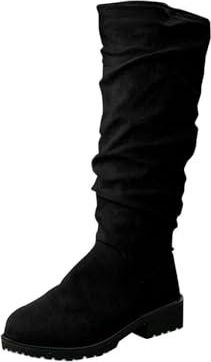 Generic Bottes hautes d&eacute;contract&eacute;es en faux daim pour femme, couleur unie, &eacute;l&eacute;gantes, talon bas, confortables, &agrave; enfiler, pour f&ecirc;te, shopping, Noir, 37.5 EU