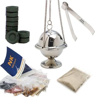 NKlaus 5tlg. Räucherset Weihrauchschwenker Messing Weihrauch - Starterpaket Kohlezange 40647