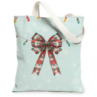 Generic Sacs fourre-tout en toile avec noeud de Noël, motif ruban, sacs dépicerie réutilisables, légers et lavables en toile pour lhiver, bleu, 13x15 Inch
