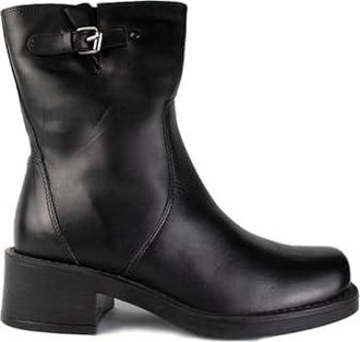 Generico Bottes femme en cuir noir avec talon bas, boucle d&eacute;corative et fermeture &eacute;clair lat&eacute;rale, Noir, 41 EU