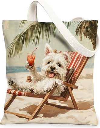 Generic Funny Westie Sac fourre-tout en toile pour faire du shopping 33 x 38,1 cm, sac &agrave; bandouli&egrave;re r&eacute;utilisable pour femme, peinture danimaux domestiques, d