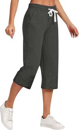 Generic Pantacourt en lin pour femme, pantalon court en lin pour femme, taille &eacute;lastique, jambe droite, avec poches, couleur unie, pantalon 3/4 avec cordon de