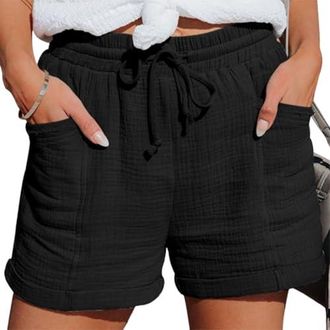 OLIPHEE Short Femme Short en Lin Femme Short Couleur Unie Taille Haute Elastique avec Cordons de Serrage et Poches Short Casual Chic Pantalon Court Femme Shor
