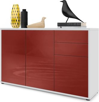 Vladon Sideboard Ben V3, Kommode mit 3 Türen und 2 Schubladen, Weiß matt/Bordeaux Hochglanz (117 x 74 x 36 cm)