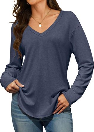 Onsoyours Damen Tiefer V-Ausschnitt Tshirt Langarm Tunika Herbst Winter Oberteile Casual Longshirt Basic Tops A Marine M