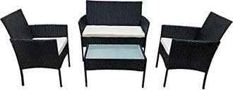 Happy Garden Salon de Jardin CORFOU en résine tressée Noire 4 Places - Coussins Beige