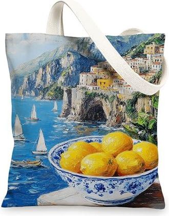 Generic Sacs fourre-tout en toile côtière, motif illustration de bord de mer, sacs de courses réutilisables, vintage, légers et lavables, sacs en toile pour l