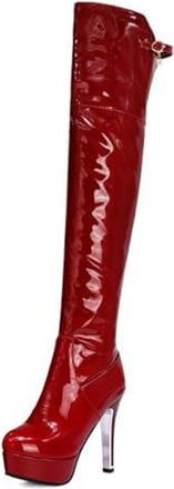 Generic Rouge,44 EU,Bottes Hautes en Cuir Verni PU pour Femmes, Bout Rond, Plateforme, Talons Aiguilles, Bottes Hautes et Longues, Fermeture éclair latérale